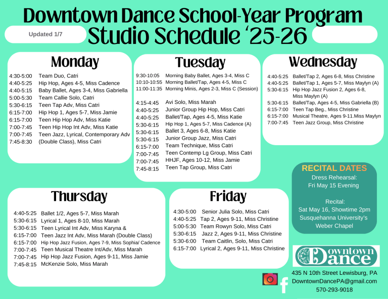 Updated Studio Schedule for 2026 | Downtown Dance